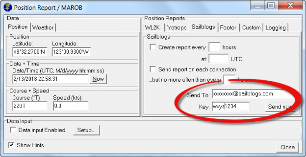 Sending Position Report to SailBlogs | SailMail